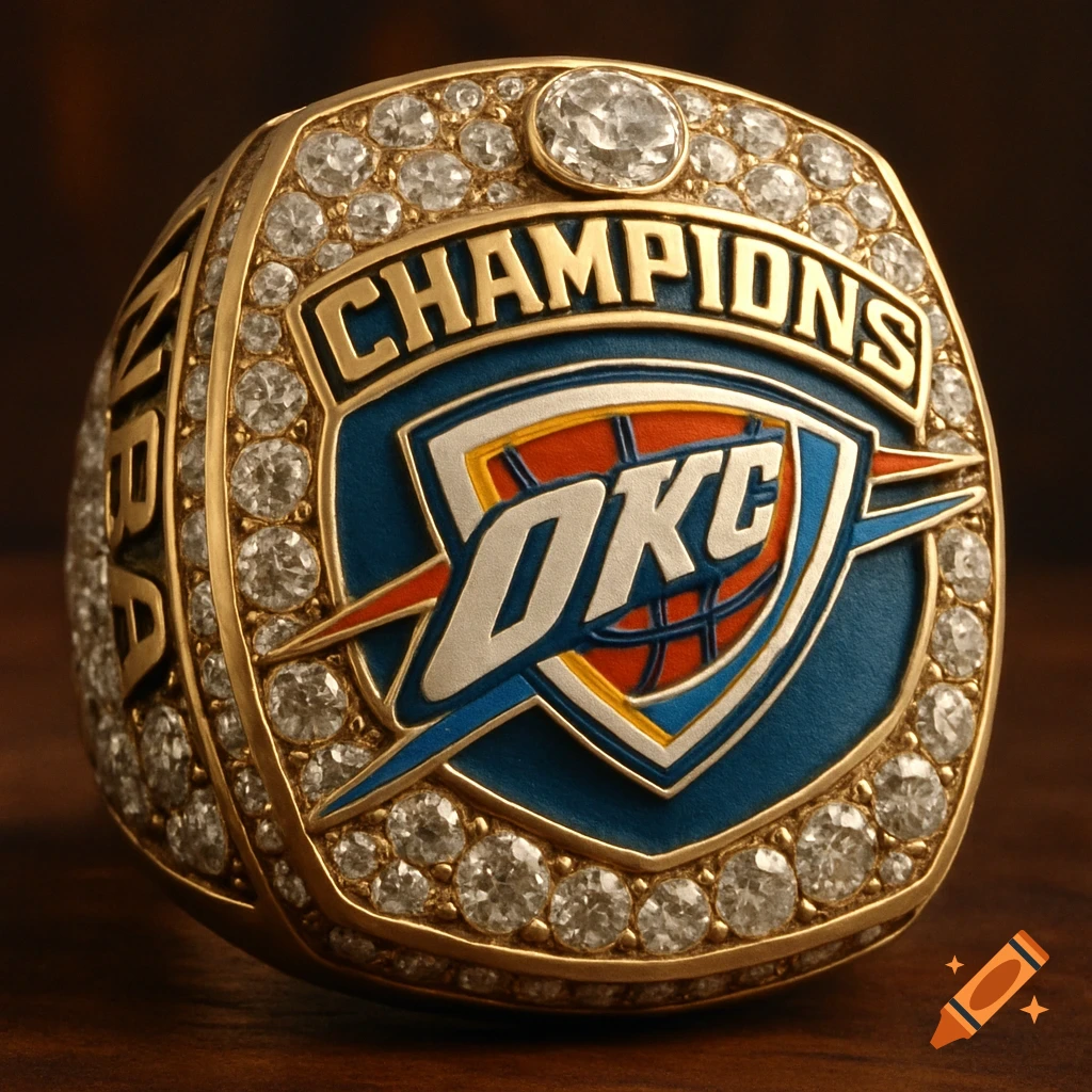 Close-up of a gold NBA Championship ring with diamonds and the OKC ...