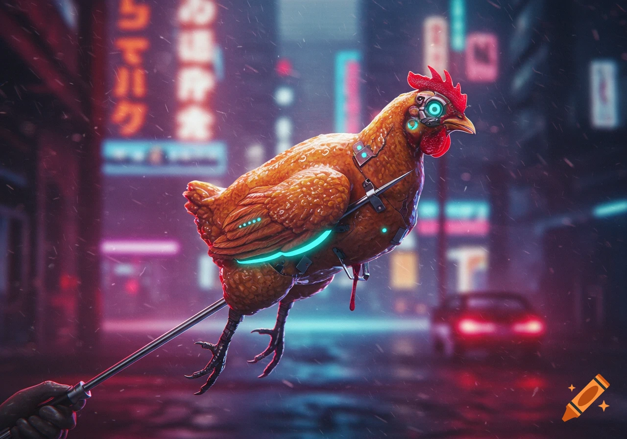 A cyberpunk chicken with glowing implants is held on a stick in a rainy ...
