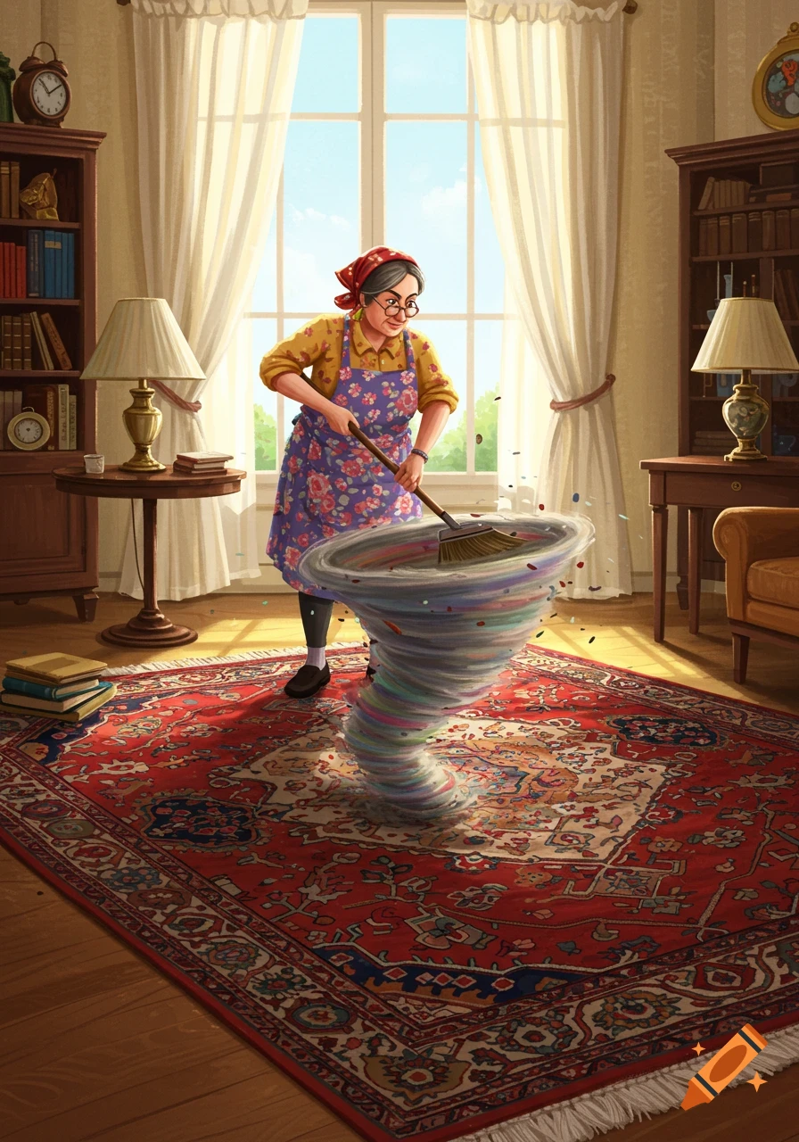 Illustration of an old woman sweeping a colorful tornado under a red ...