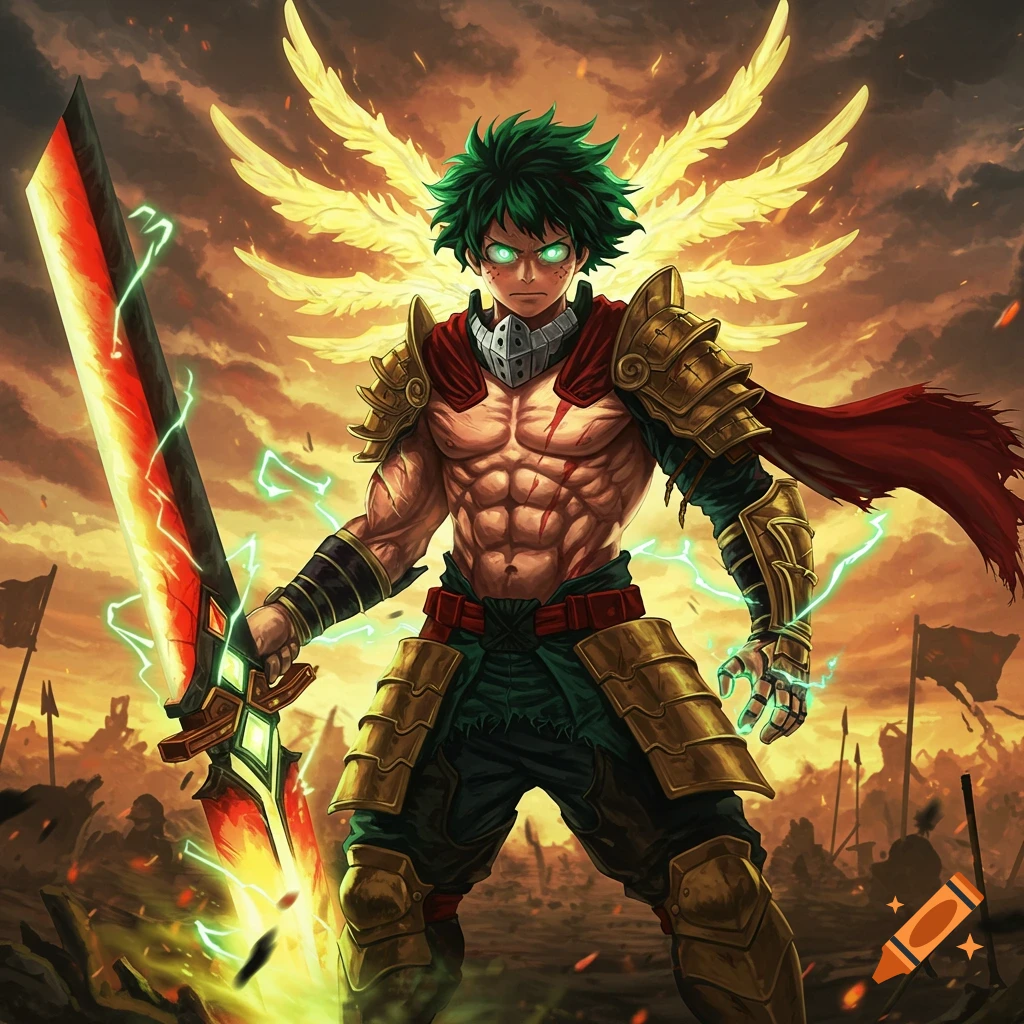 Armored Izuku Midoriya with sword and wings on battlefield on Craiyon