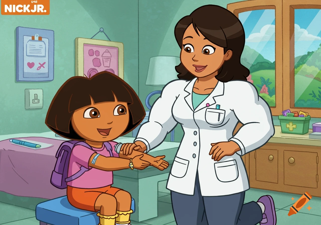 Dora the Explorer sits on a stool holding hands with a muscular female ...
