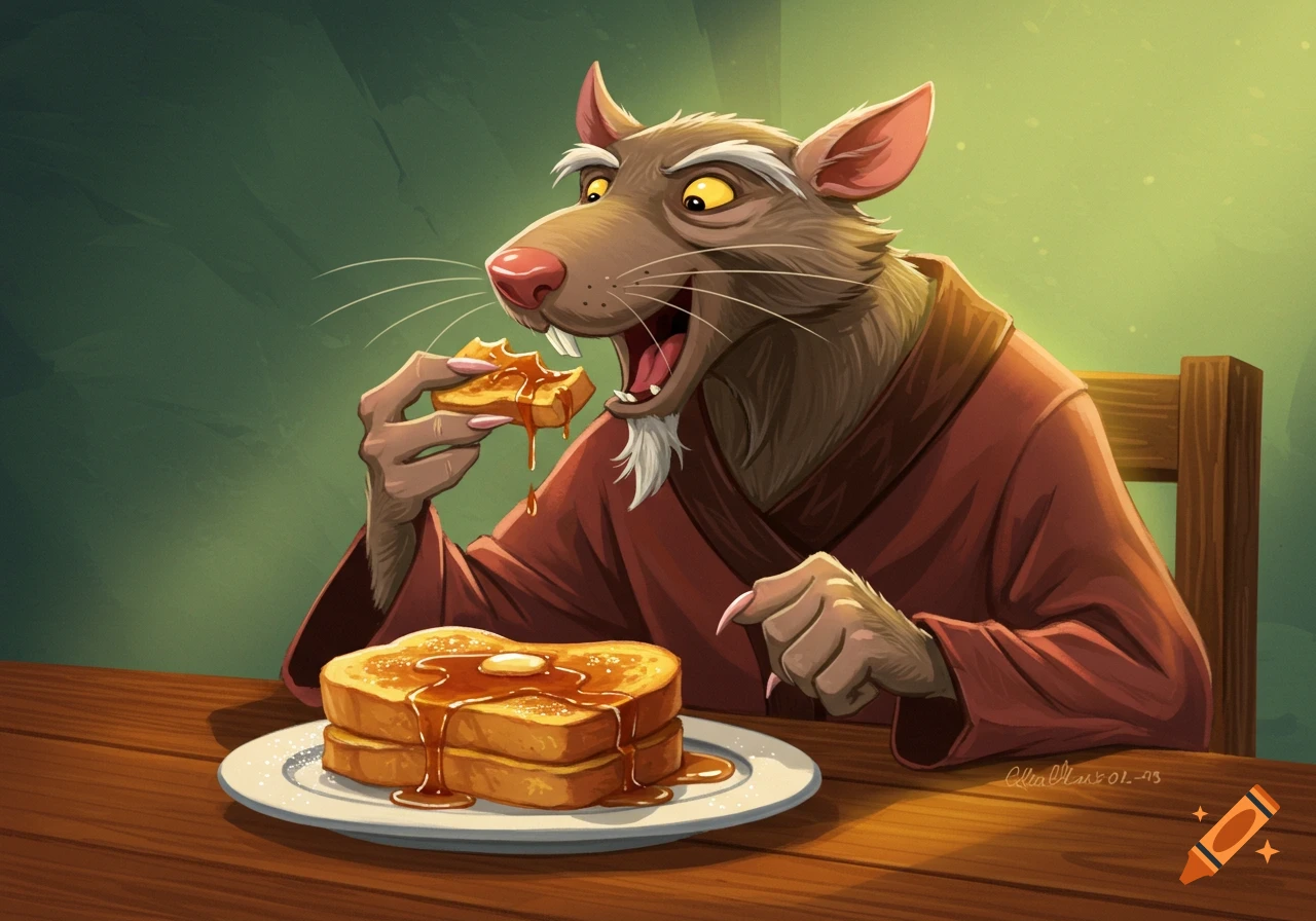 Master Splinter eating french toast at a table in a cartoon style. on Craiyon