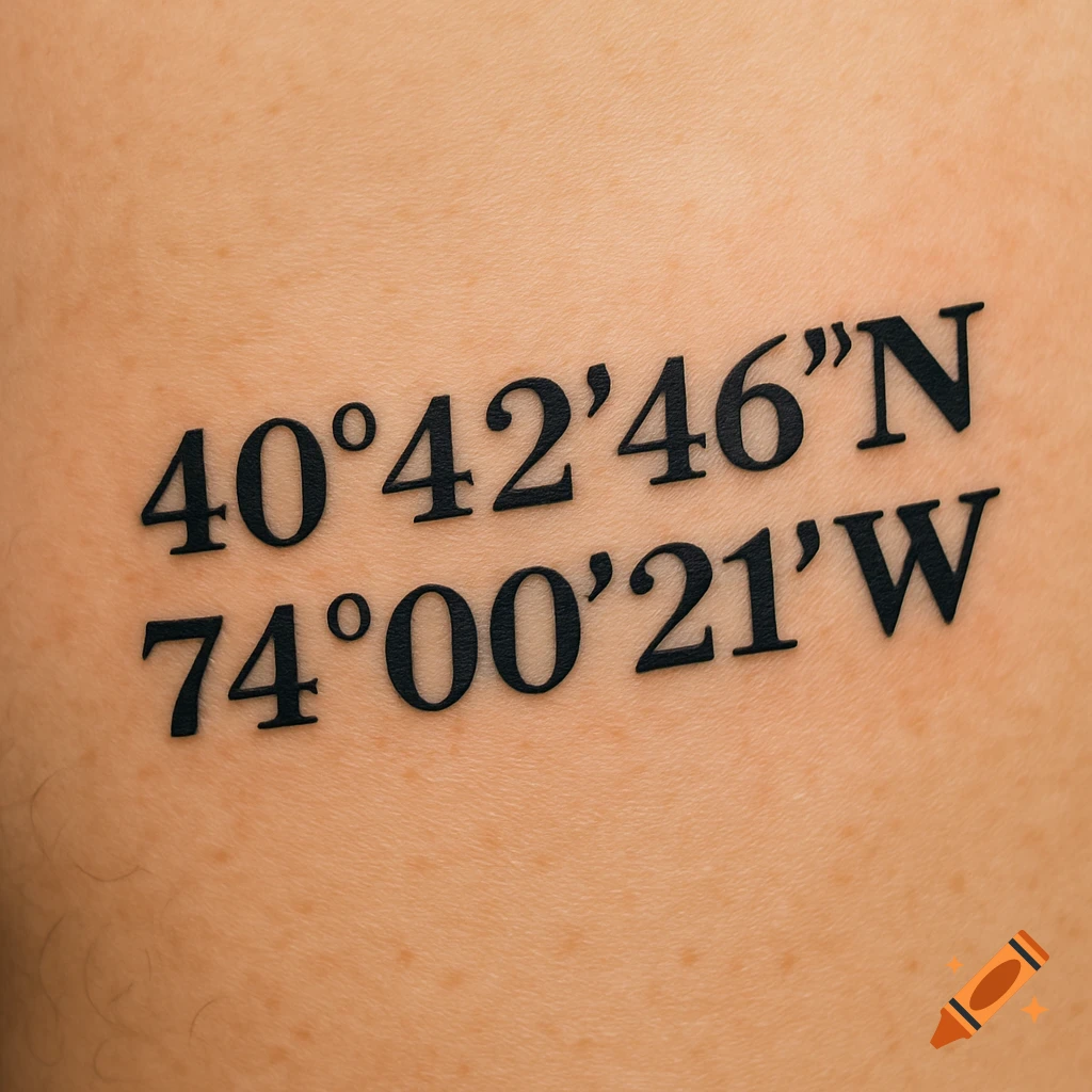 Close-up of a text tattoo with geographic coordinates on skin. on Craiyon