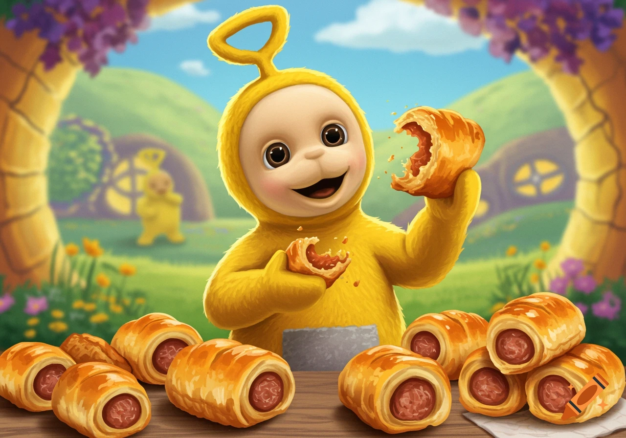 A yellow Teletubby happily eating sausage rolls in a cartoon landscape ...
