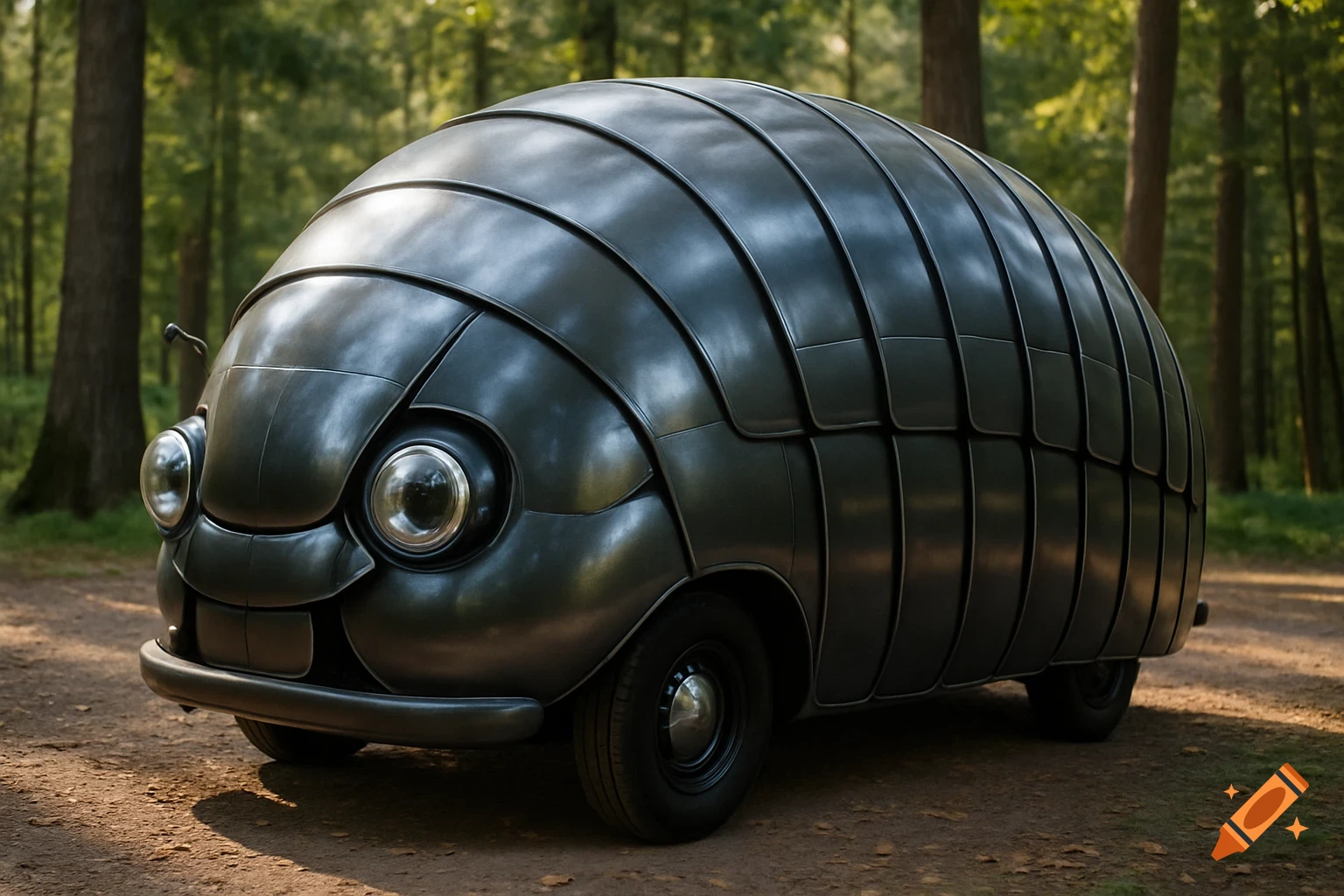 A realistic RV designed to look like a pill bug is parked in a forest ...