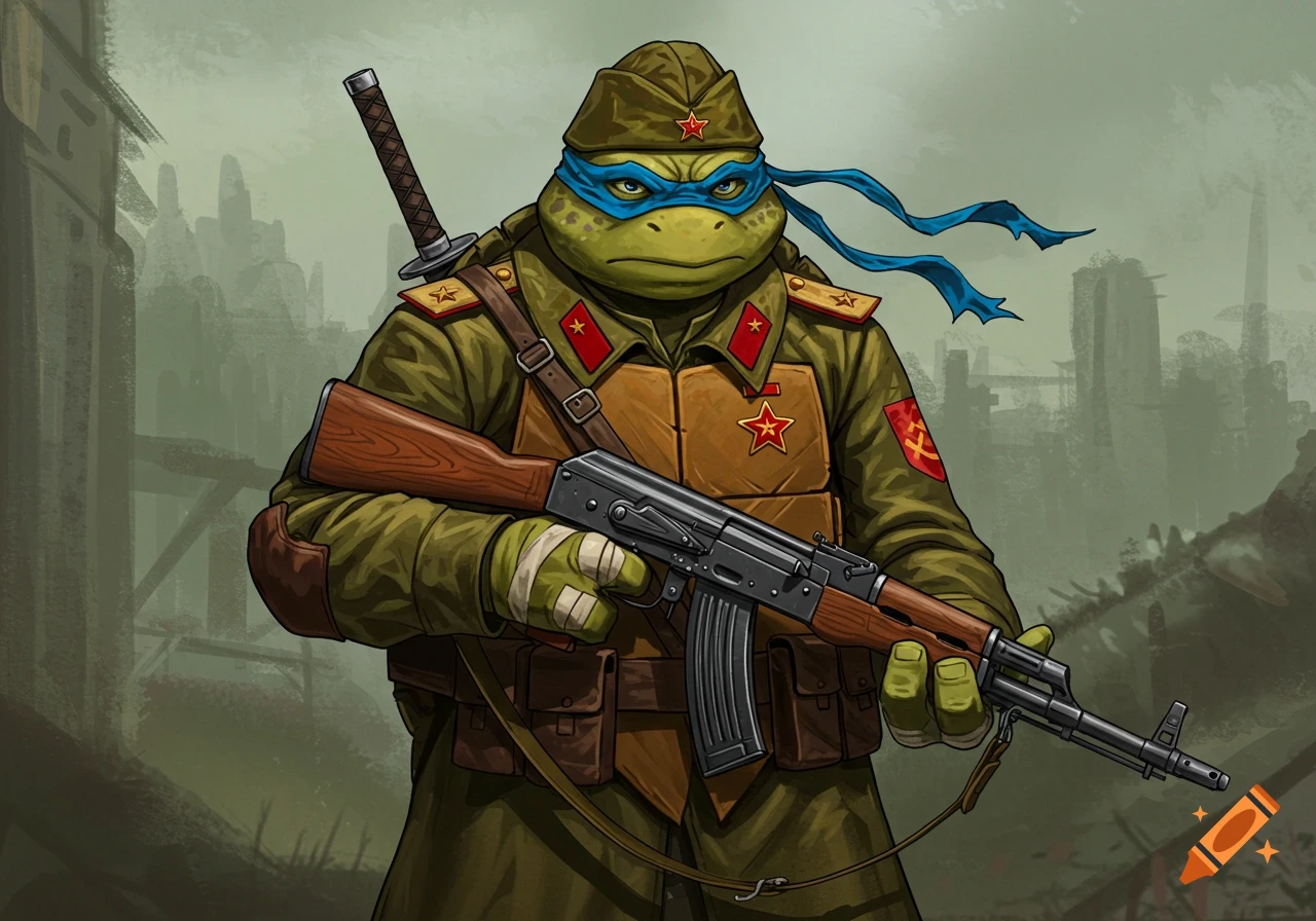 Cartoon ninja turtle in Soviet military uniform holding an AK-47 rifle ...