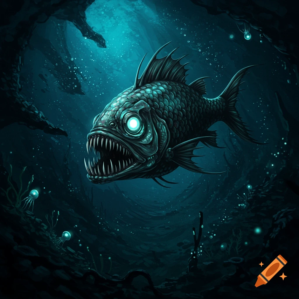A spooky fish with sharp teeth and glowing eyes swims in the deep sea ...