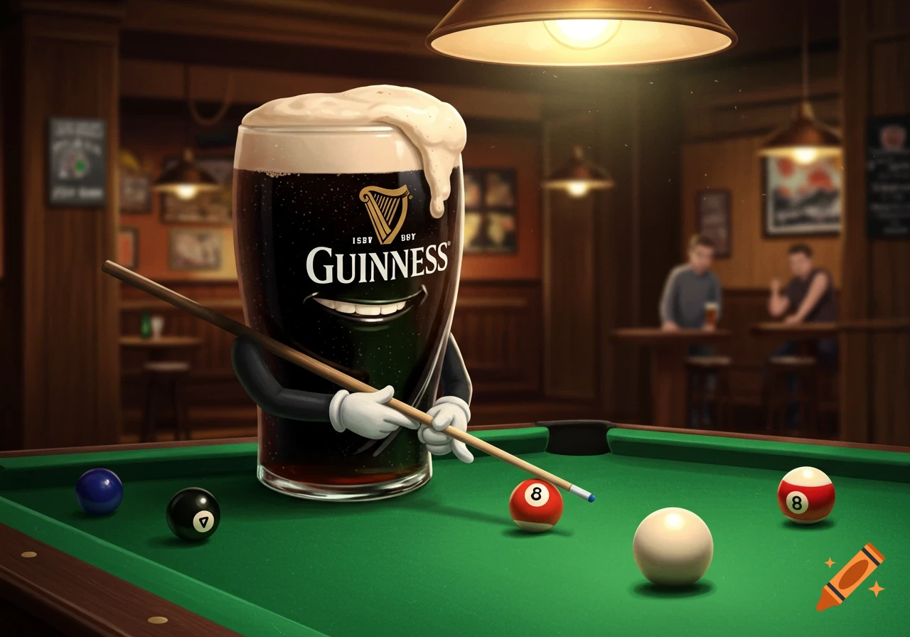 Cartoon glass of Guinness beer with arms and face plays pool in a pub ...