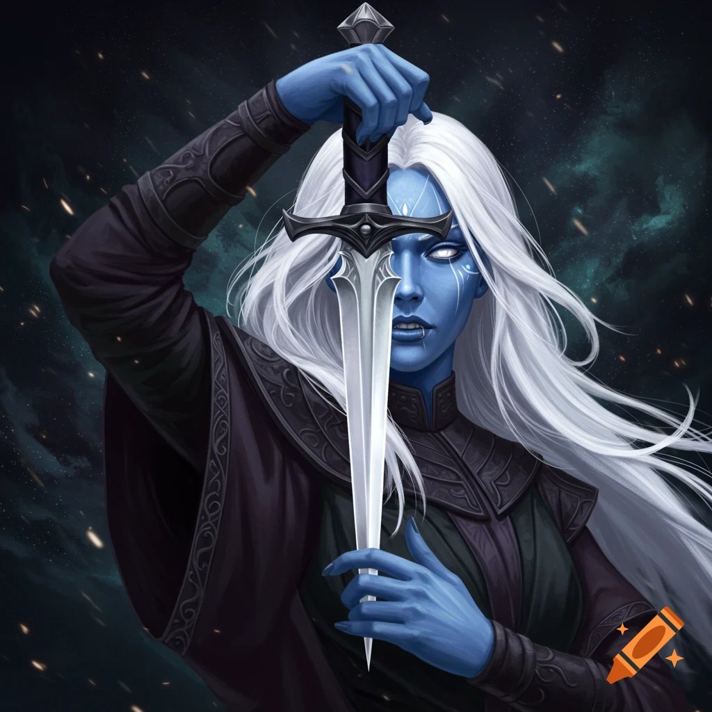 Blue-skinned female with white hair holding a dagger vertically in ...
