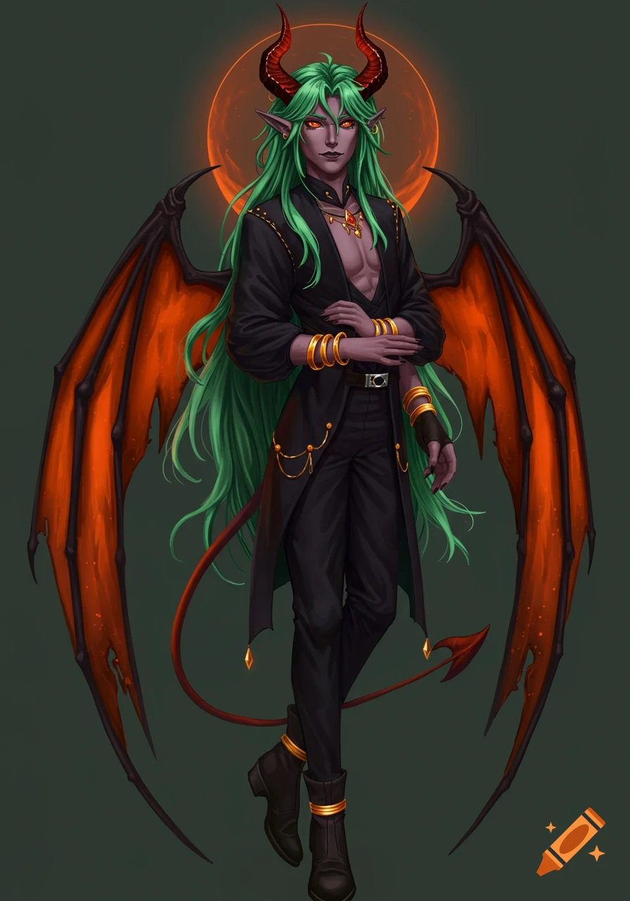 A fantasy character with long green hair, red horns, orange wings, and ...