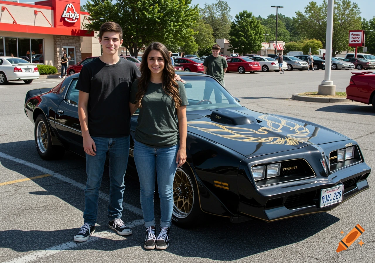 Two teenagers stand beside a black 1980 Pontiac Firebird Trans Am in an ...