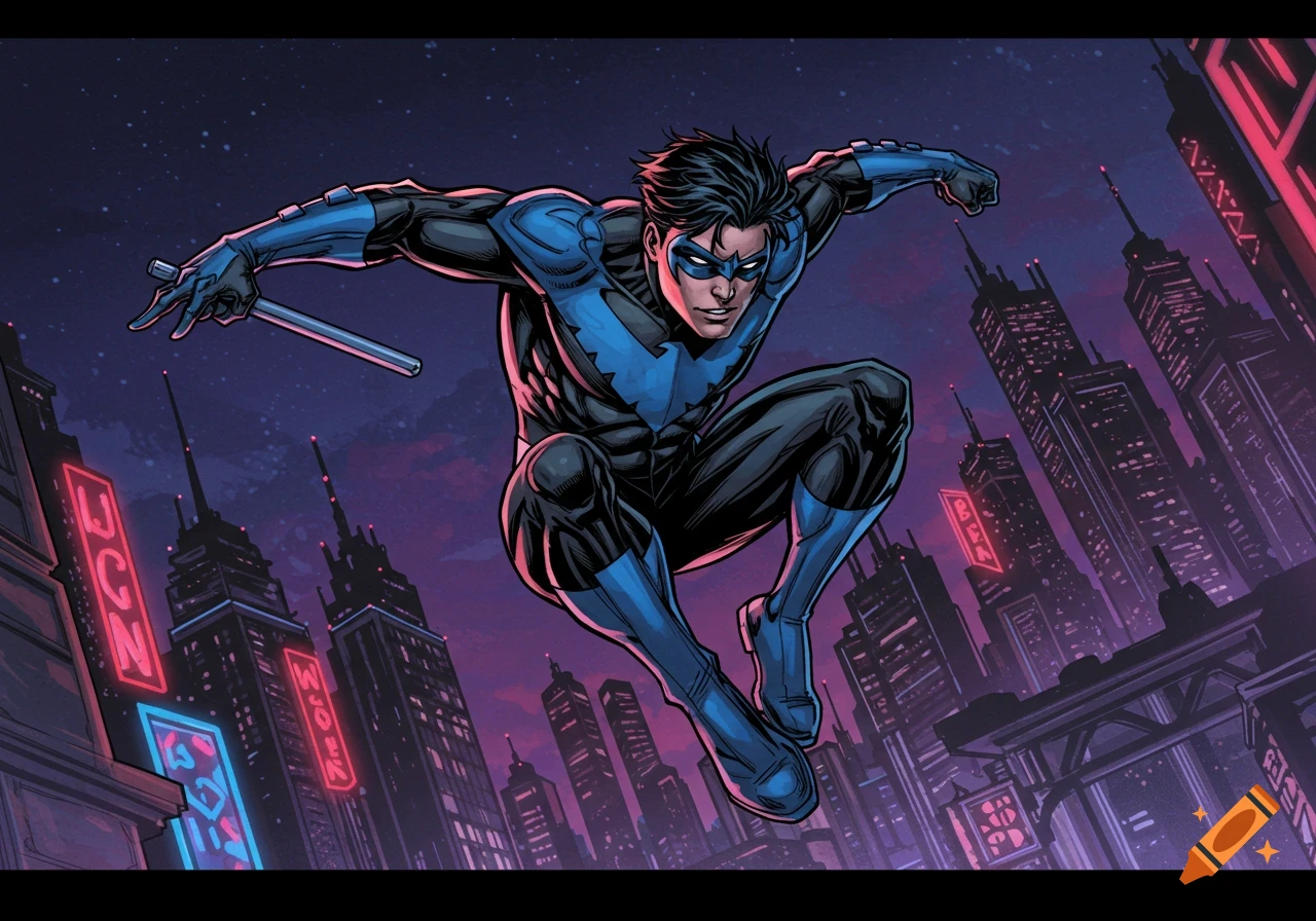 Comic book art of Nightwing leaping over a neon-lit city at night. on ...
