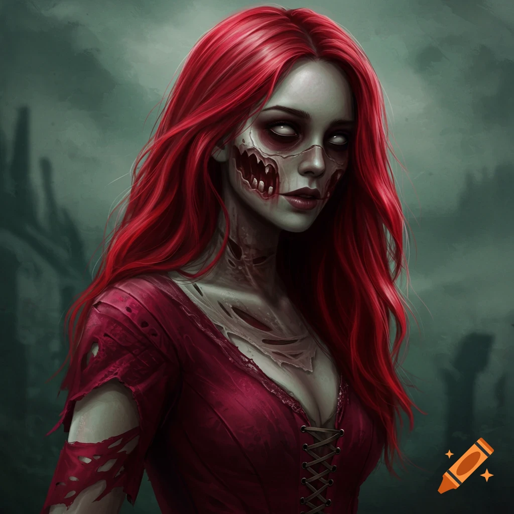 Portrait of a zombie woman with long red hair and torn skin in a dark ...