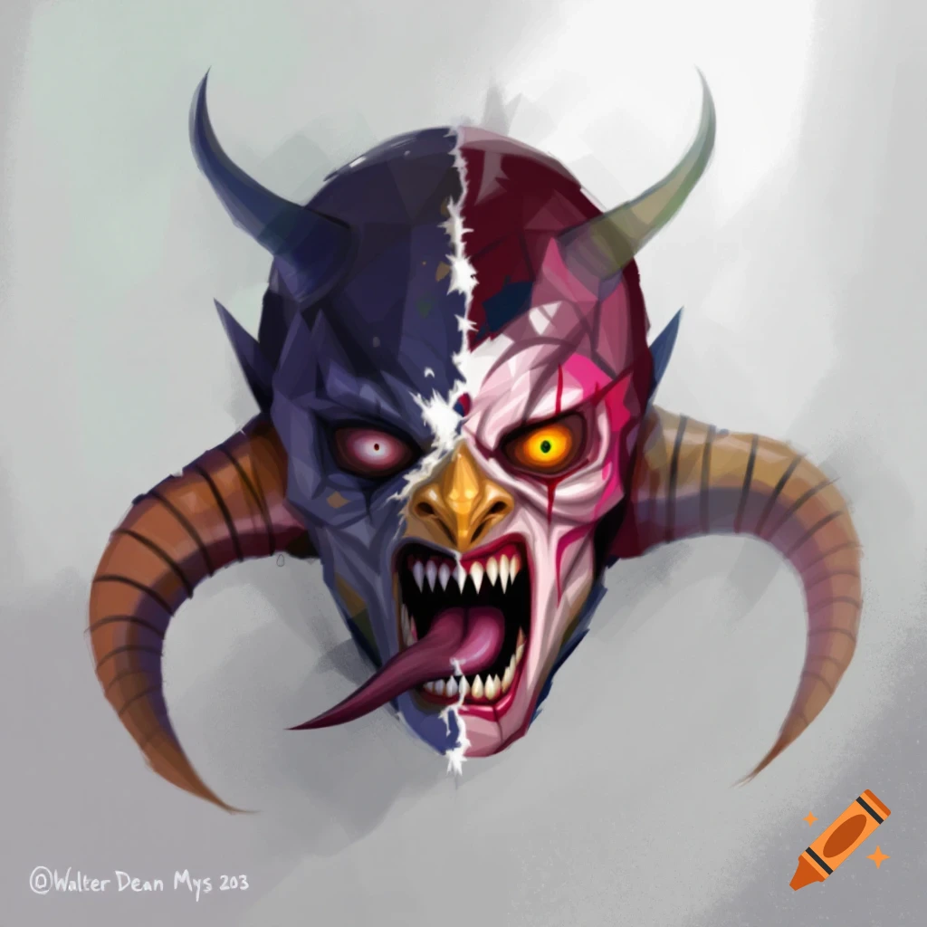 Stylized painting of a split-faced monster head with horns, sharp teeth ...