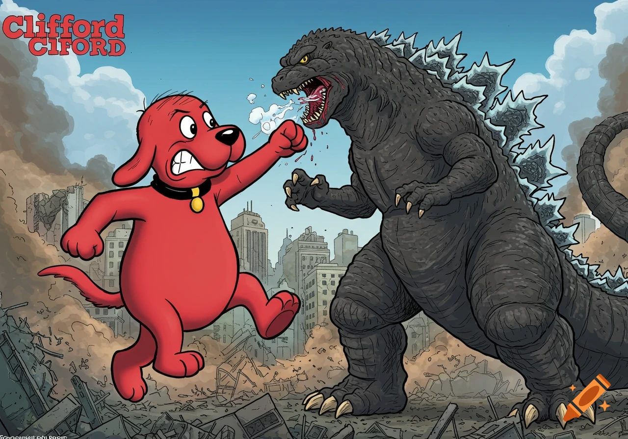 Clifford the big red dog punches Godzilla in a ruined city in cartoon ...