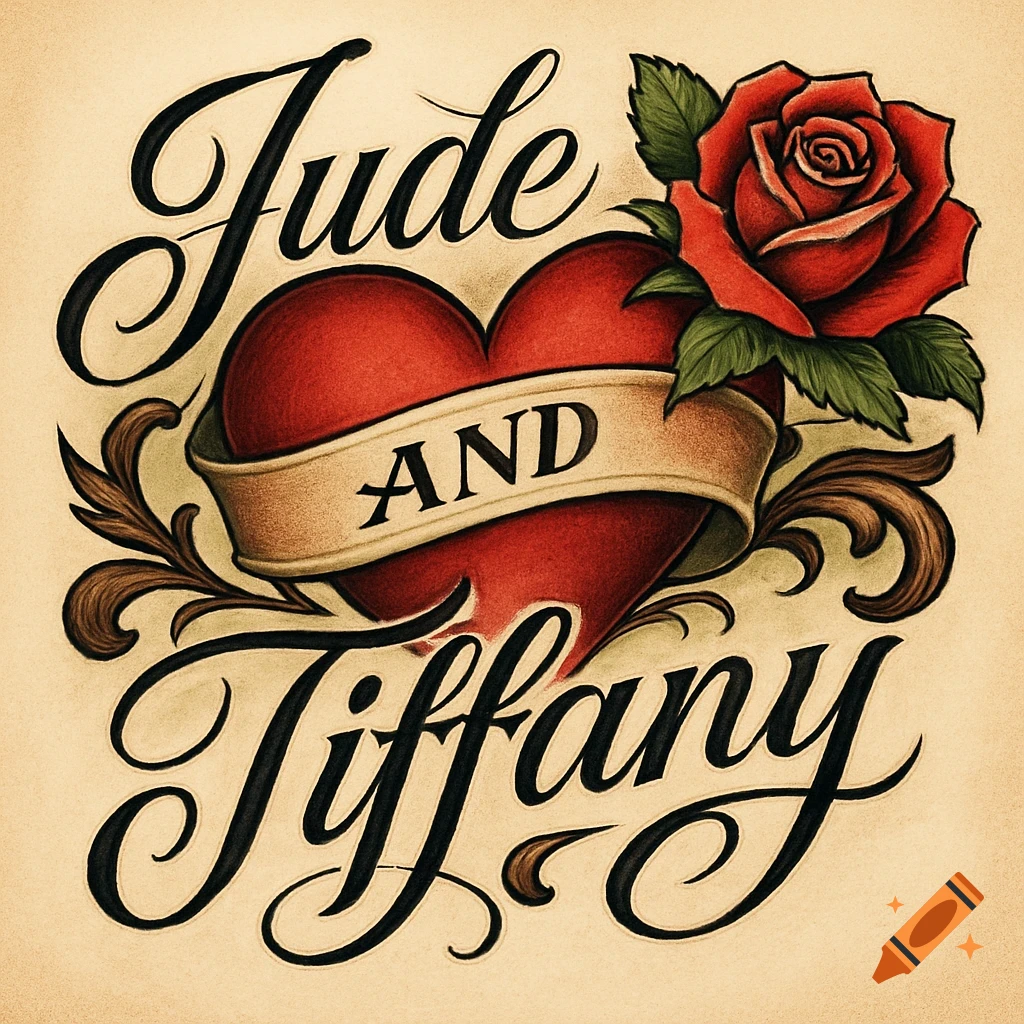 Tattoo drawing with names Jude and Tiffany, a heart, and a red rose. on ...