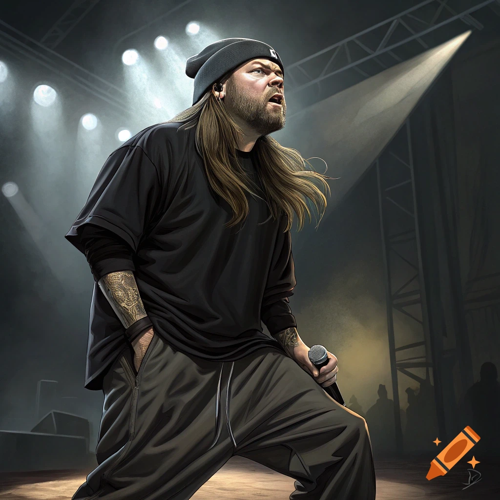 Portrait of a man with long hair and a beanie singing into a microphone ...