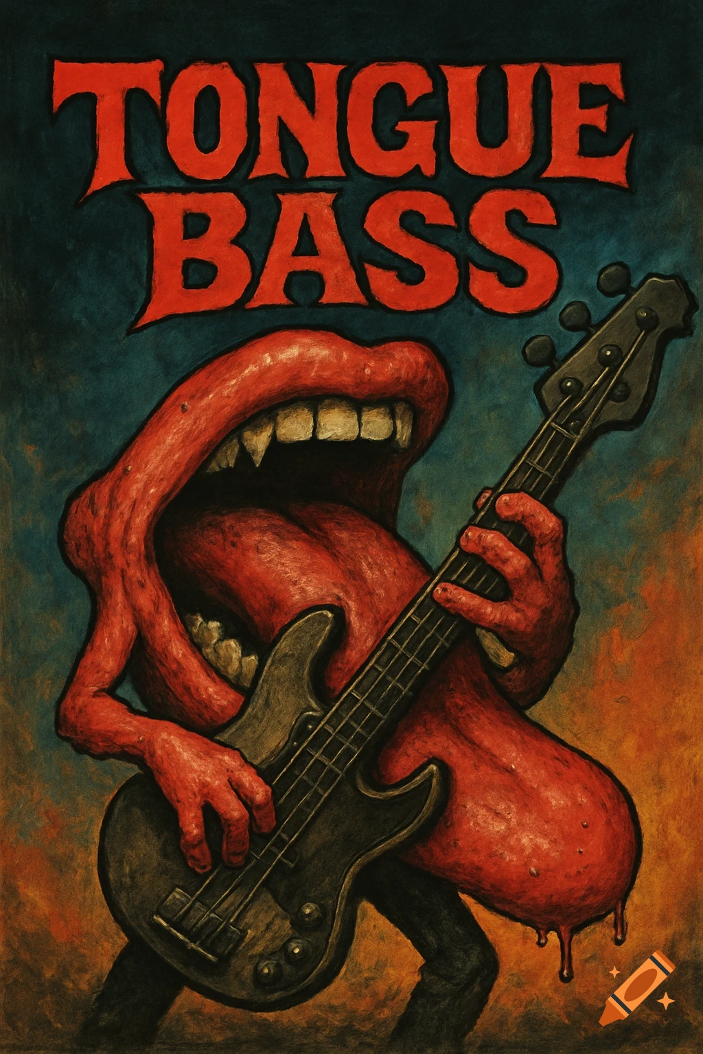 Grotesque painted poster artwork for the band Tongue Bass, featuring a ...