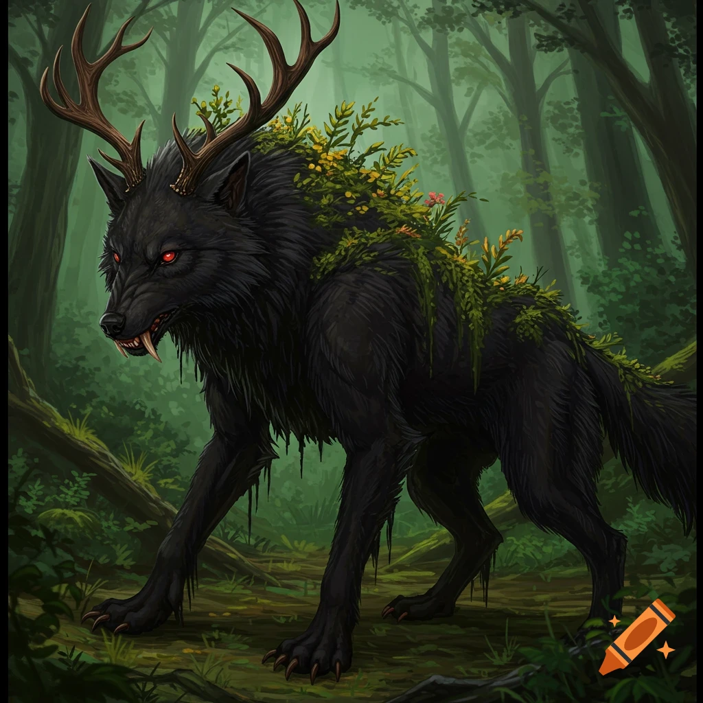 A black wolf-like creature with large antlers and plants growing on its back stands in a dark ...