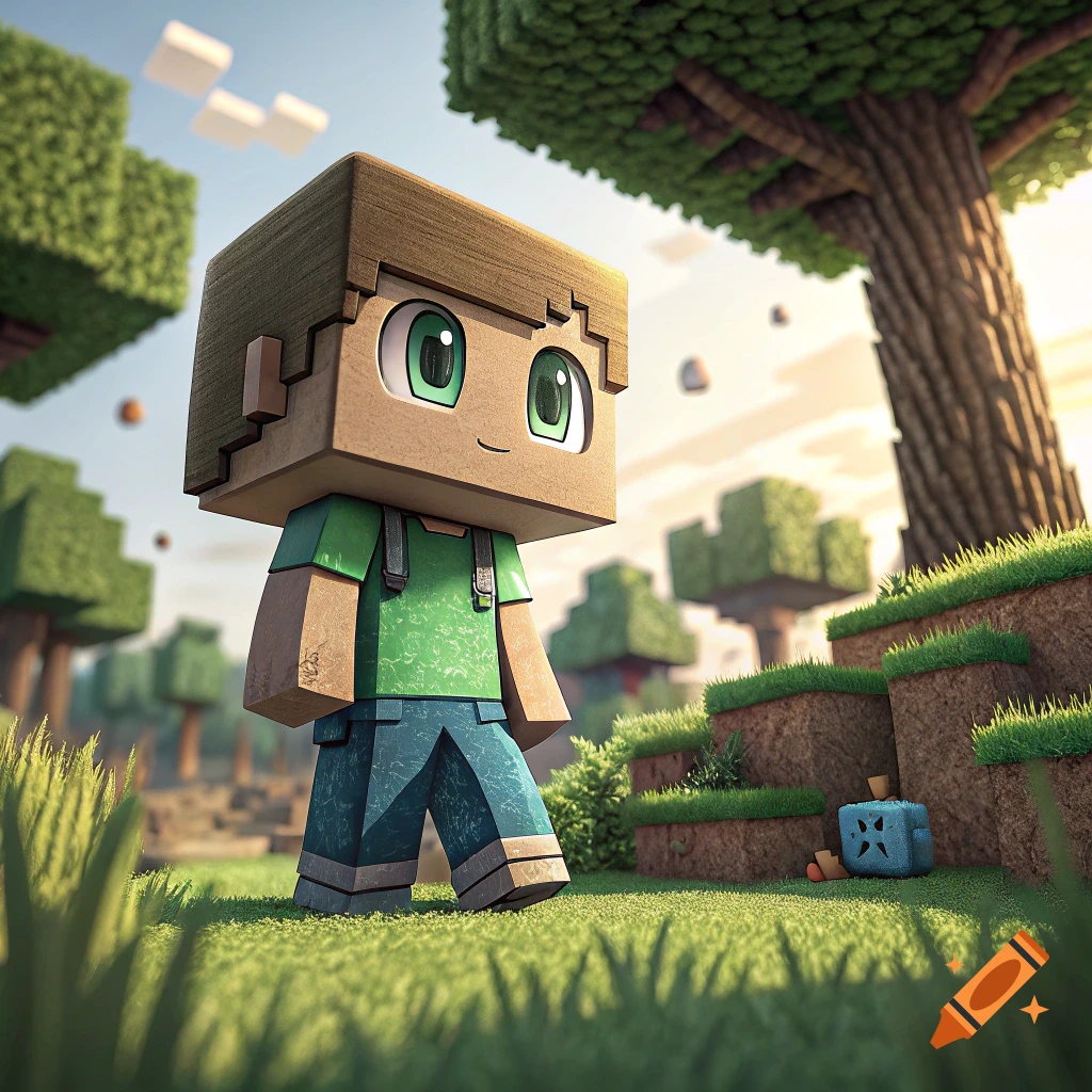 Blocky character with green eyes and green shirt walks through a ...