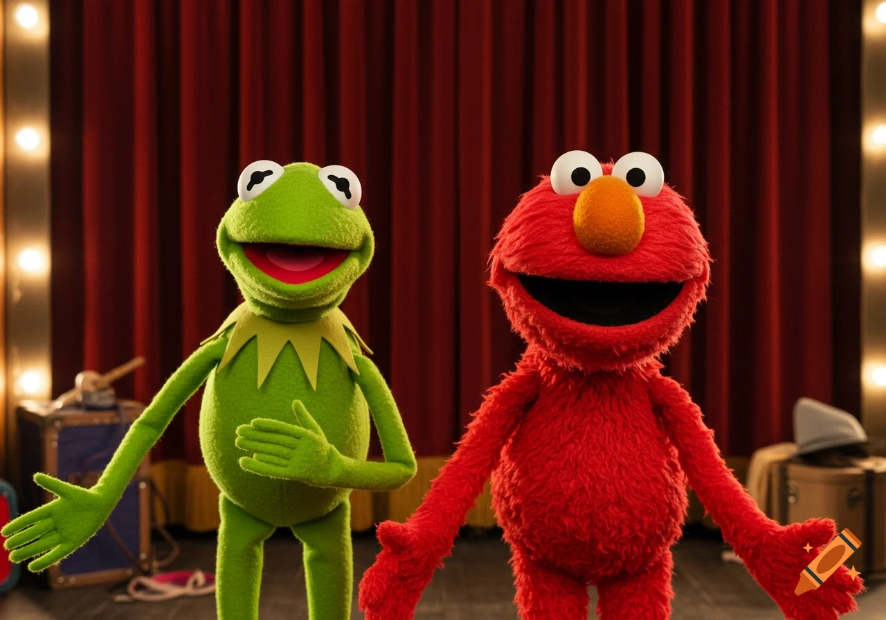 Kermit the Frog and Elmo stand on a stage in front of red curtains. on ...