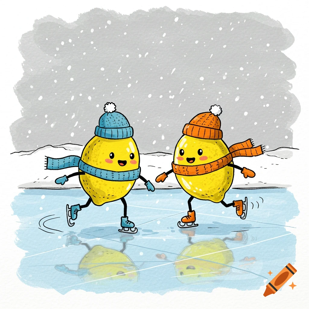 Cartoon illustration of two cute lemons wearing hats and scarves, ice ...