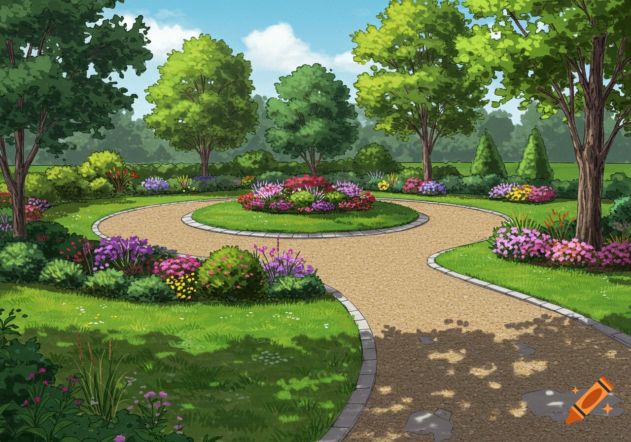 Illustrative garden design with a central roundabout driveway, flowers ...