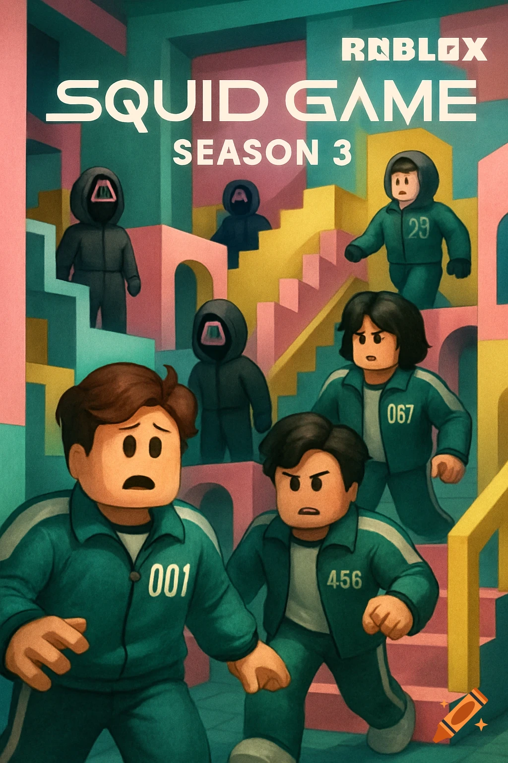 Roblox characters in a Squid Game maze. Players 001, 456, 067, and 29 ...