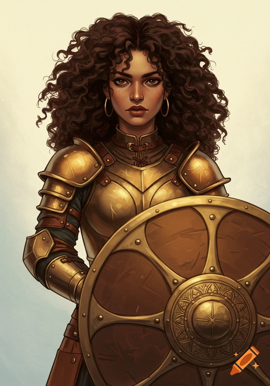 A woman in golden fantasy armor holds a shield, digital illustration ...