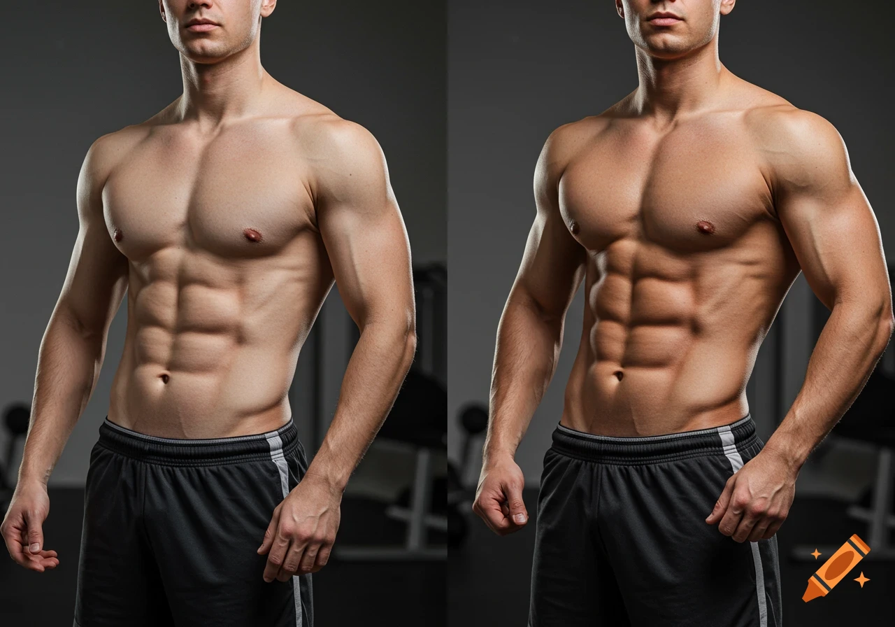 Side-by-side fitness transformation photo of a male torso showing ...