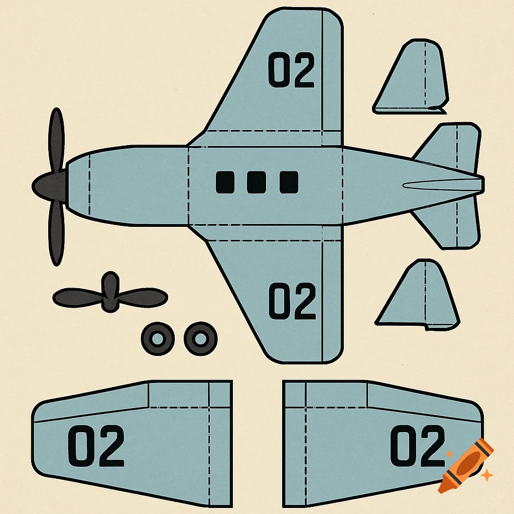 Papercraft template showing parts to build an airplane, including ...