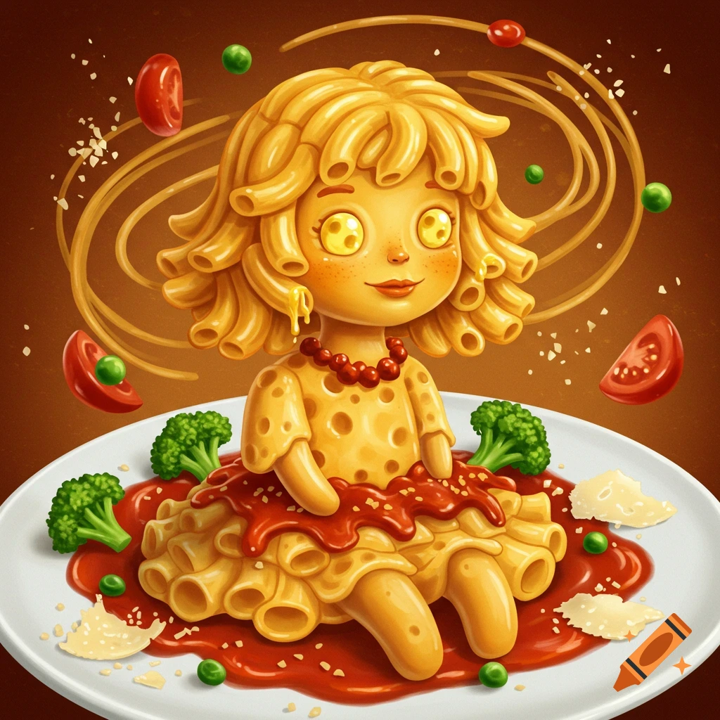 A cute character made of macaroni and cheese sits on a plate with ...