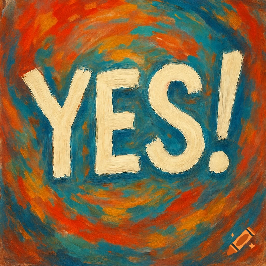Large white text 'YES!' centered on a swirling, colorful abstract ...