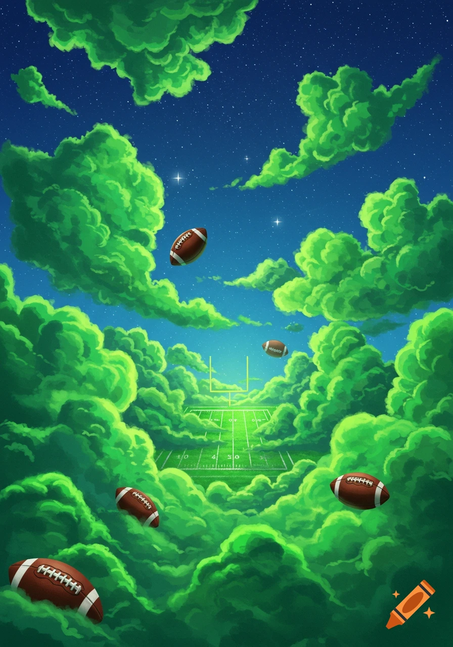 Footballs float among bright green clouds above a football field at ...