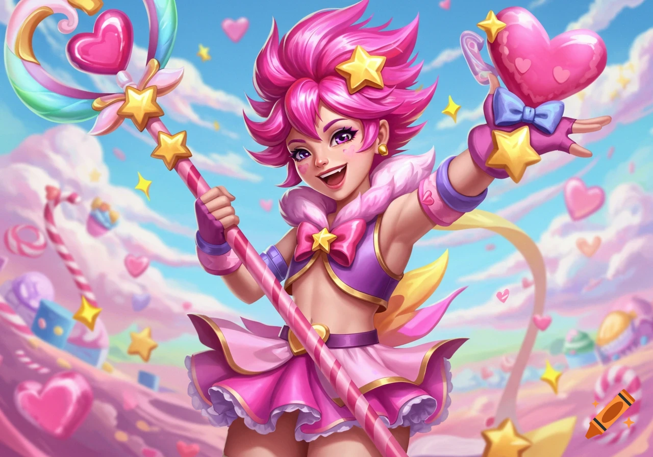 A pink-haired magical girl holds a heart staff in a colorful candy ...