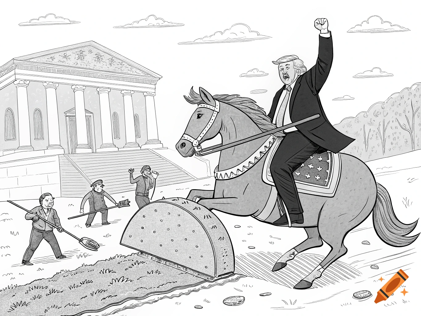 Black and white line drawing of Donald Trump riding a taco-bodied horse ...