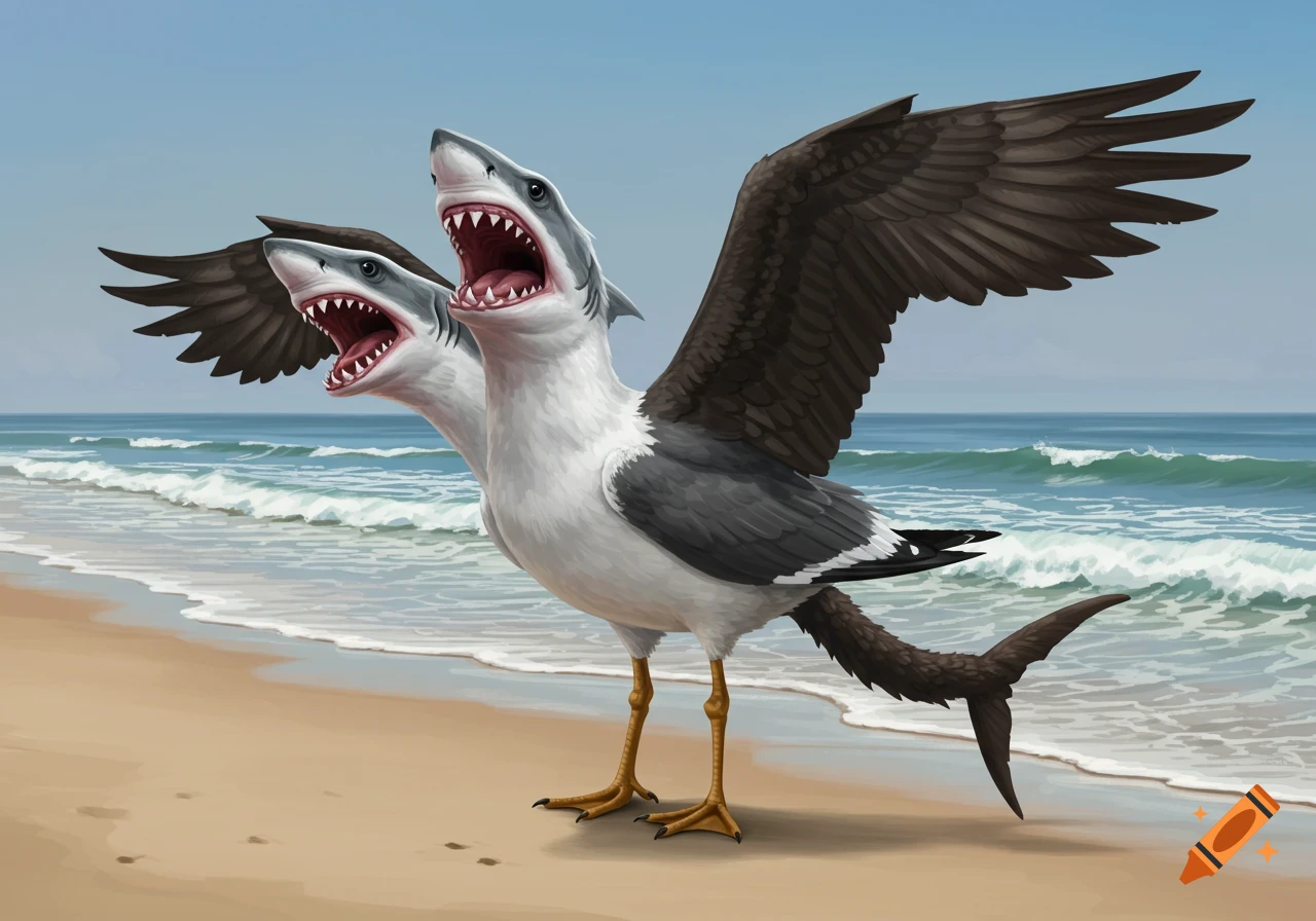 Two-headed shark-seagull-chicken hybrid creature on a beach. on Craiyon