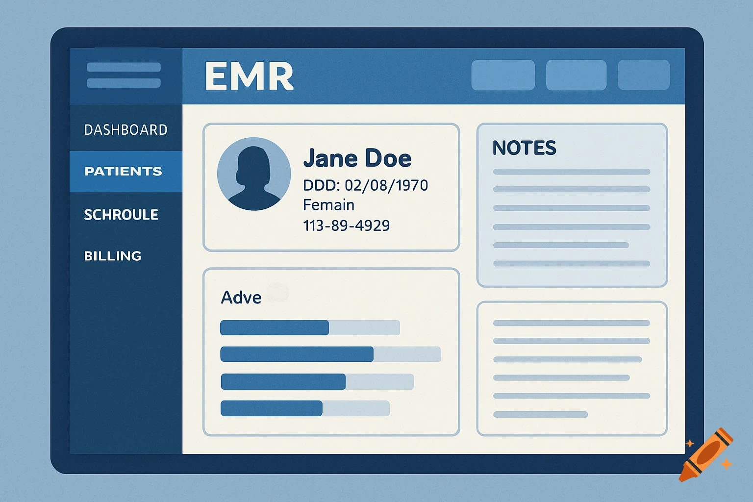 Stylized illustration of an EMR software screen with patient details ...