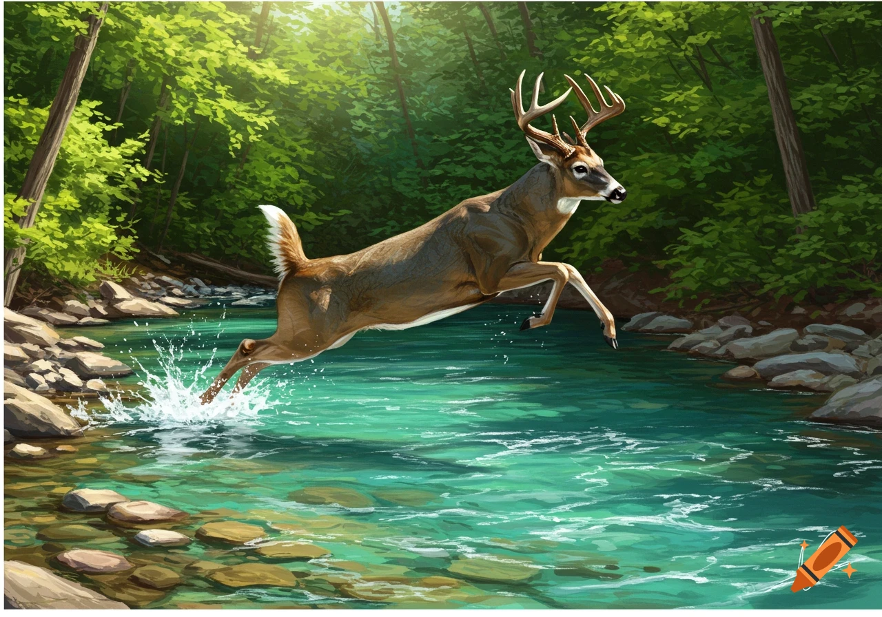 A whitetail buck leaps across a bright blue creek in a sunlit forest ...