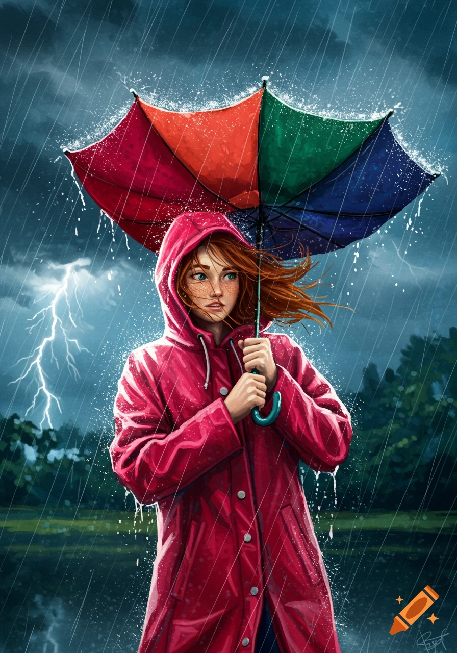 A redheaded girl in a red raincoat holds a colorful umbrella in a ...