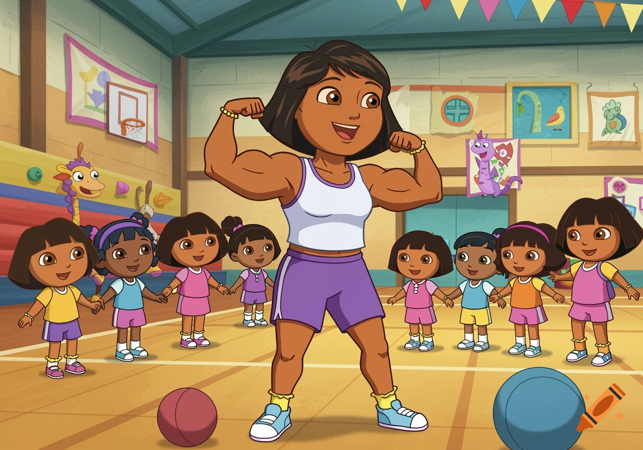 Cartoon of Dora the Explorer with large muscles flexing in a gym class ...