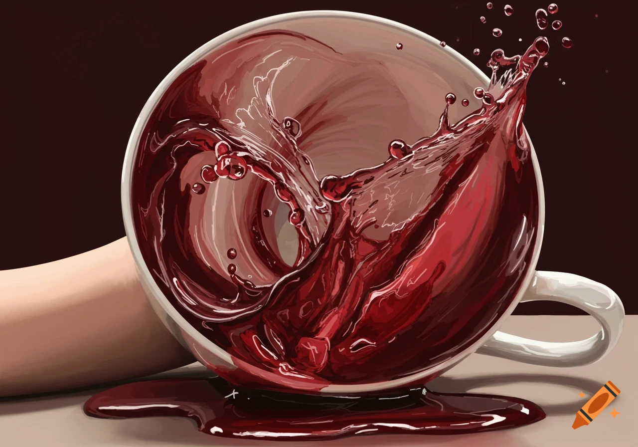A close-up of a spilled cup with a large splash of dark red liquid. on ...