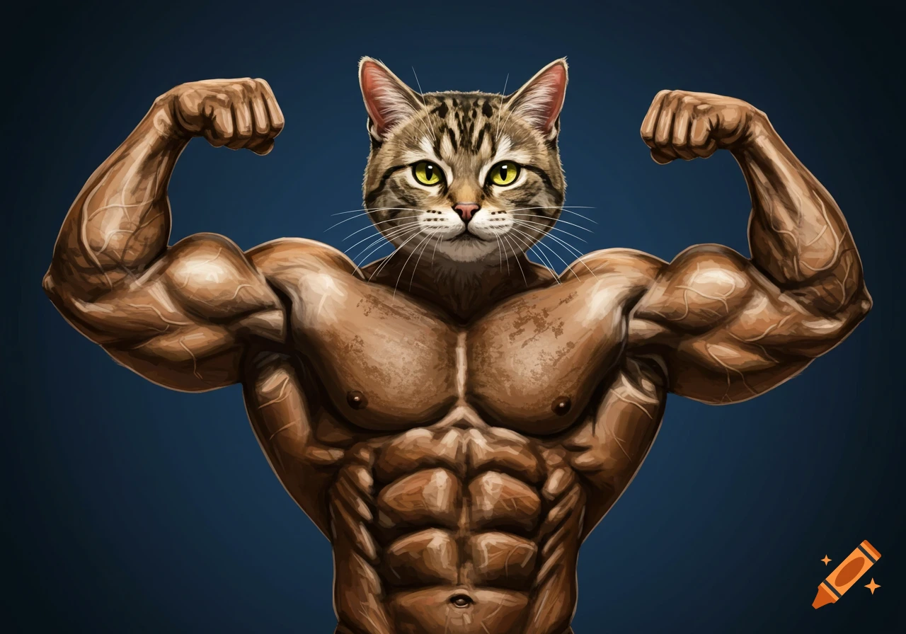 A cat head on a muscular bodybuilder's body flexing biceps on Craiyon