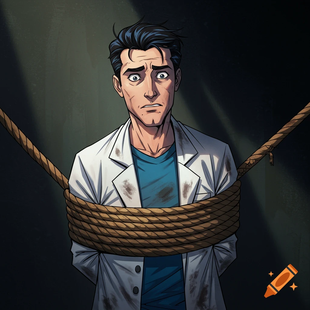 Man in lab coat tied up with rope, looking distressed in comic art ...