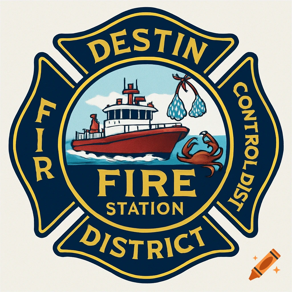 A stylized blue and gold fire department logo featuring a fireboat and ...