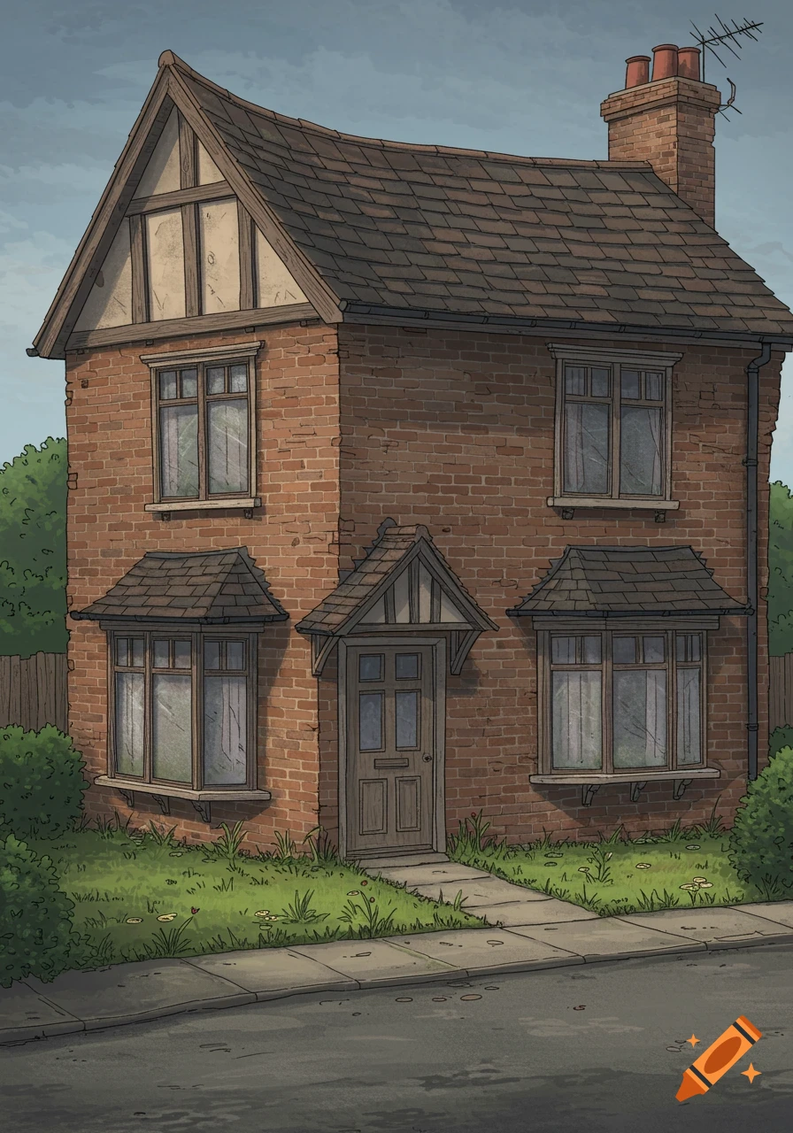 An illustration of a brick house with a pitched roof, bay windows, and ...