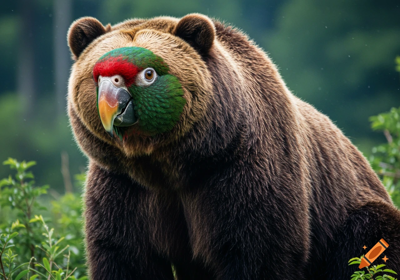 A photorealistic hybrid animal with the body of a bear and the face of ...