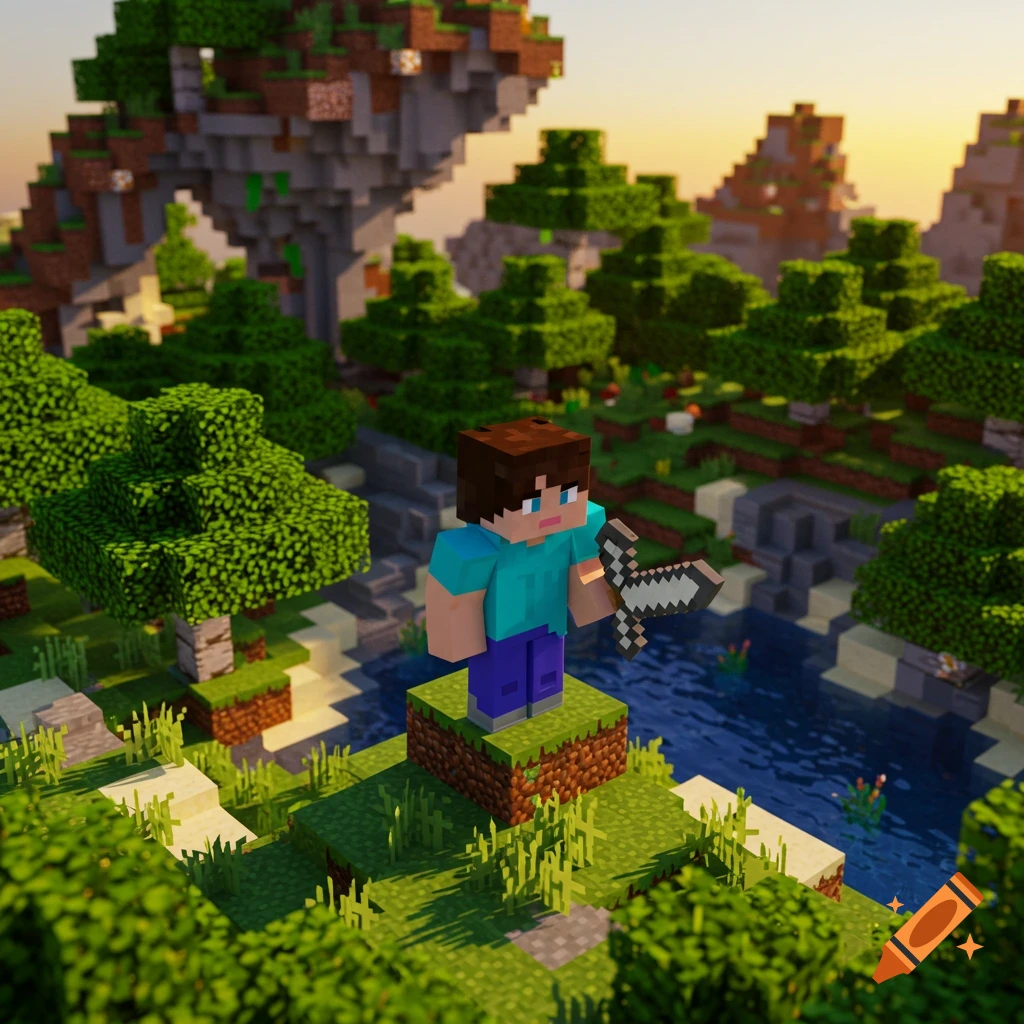Steve stands on a block holding a sword in a blocky Minecraft world ...