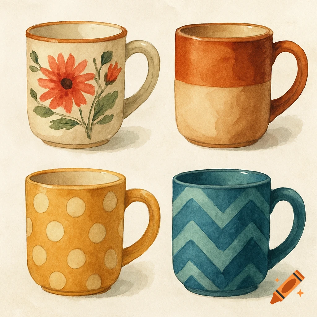 Four watercolor mugs with different designs: floral, solid color split ...