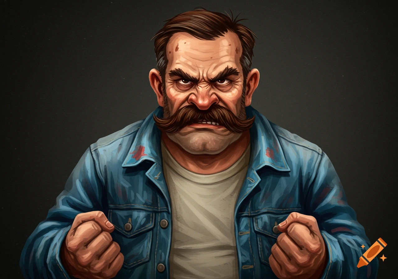 Stylized illustration of an angry man with a large mustache and denim ...